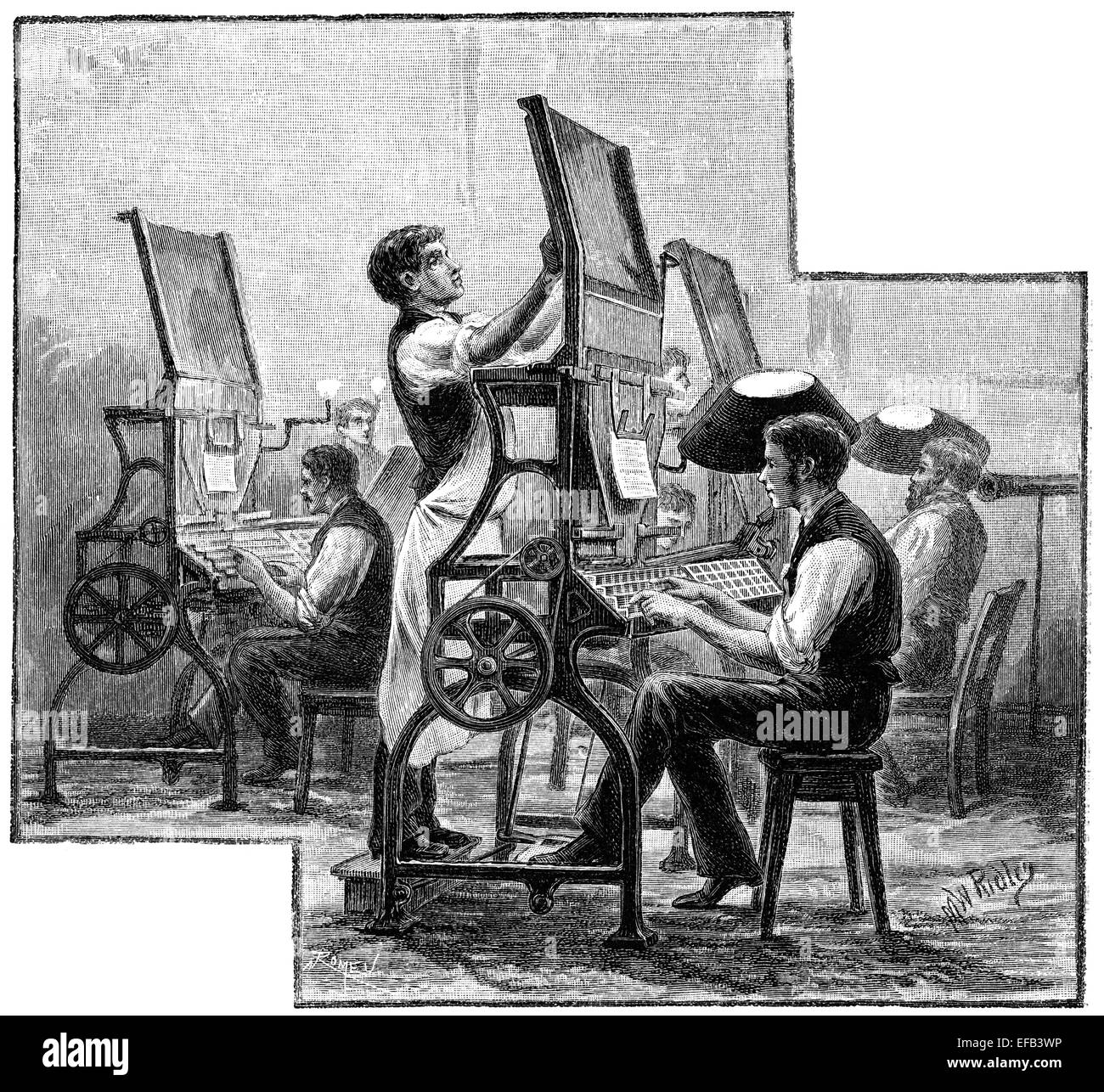 The Times type setting machine. Vintage magazine illustration from 1881 ...