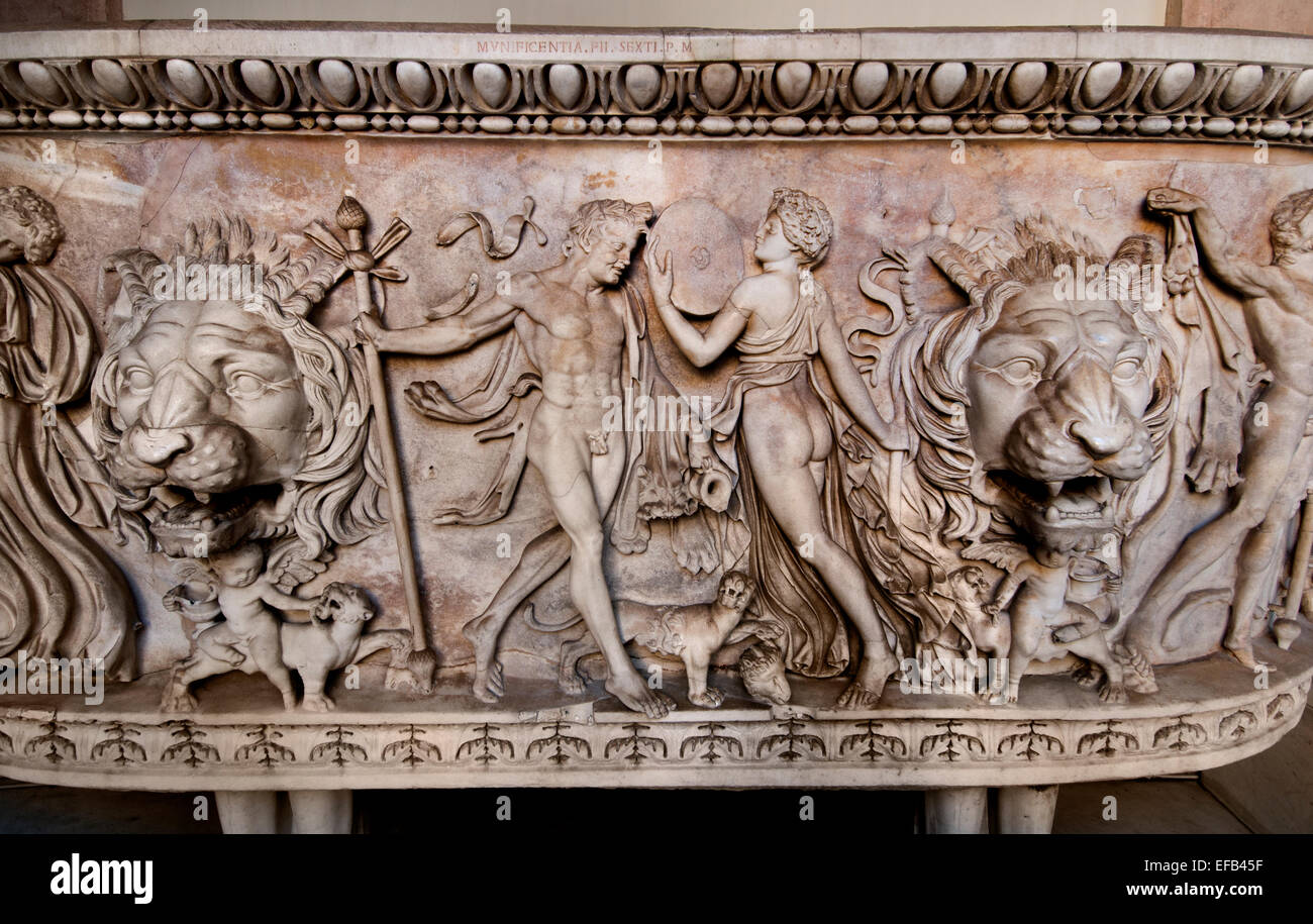 Marble sarcophagus traditional procession Dionysus maenads satyrs and ...