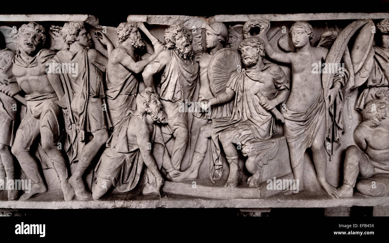 Front panel of the roman sarcophagus adorned with a relief representing ...