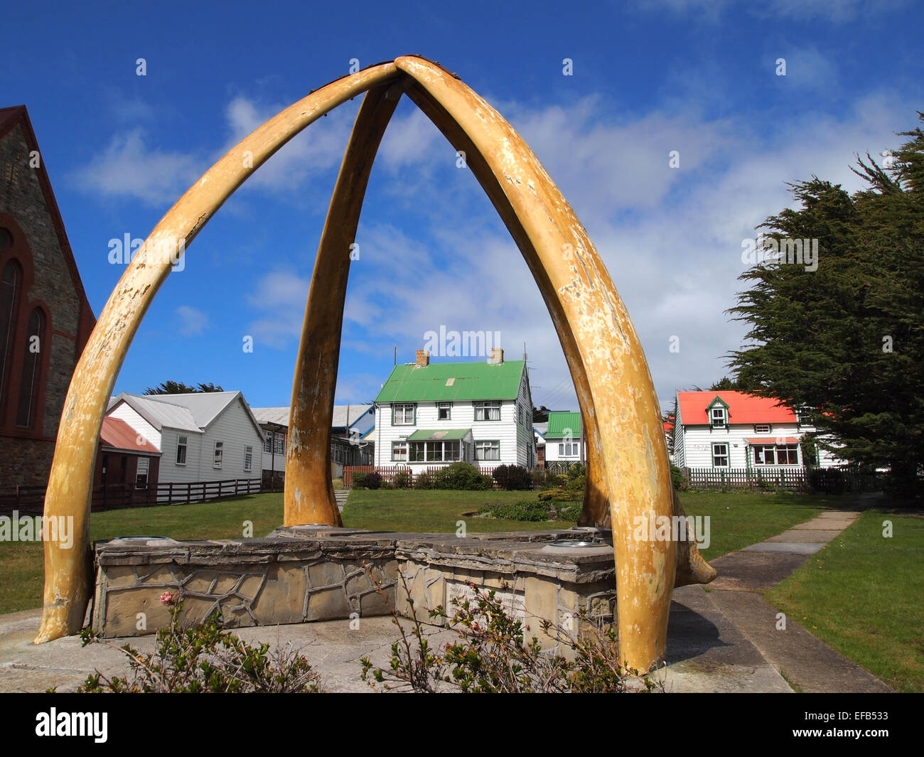 The famous whalebone arch at the Falkland Island capital of Stanley ...