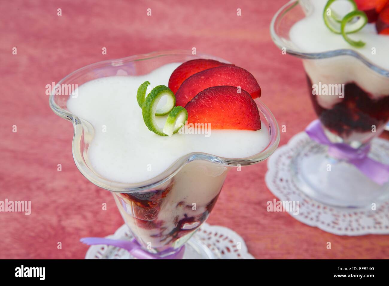Milk desert - sweet ricotta with violet plums Stock Photo - Alamy