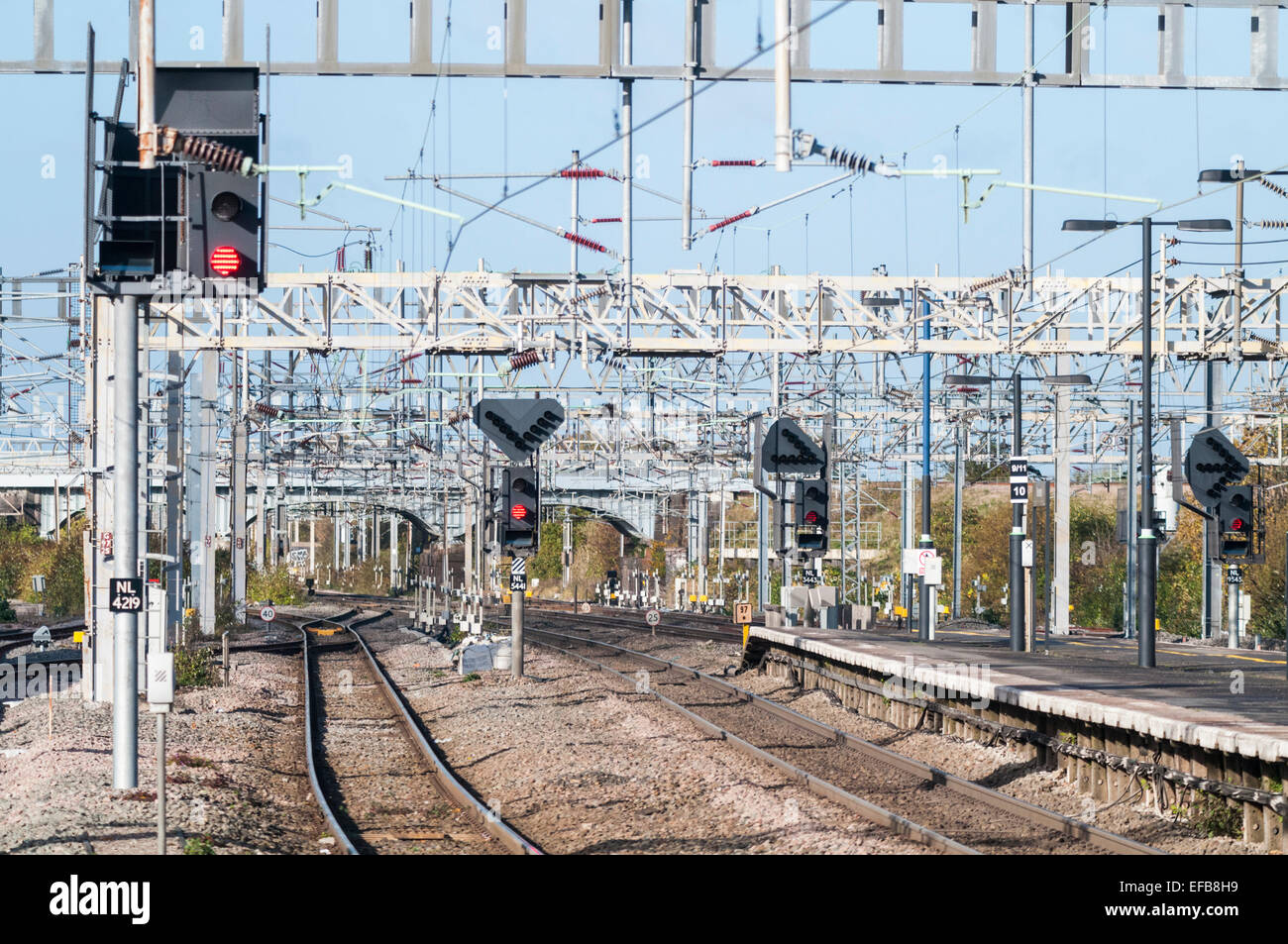 Red signals and complex overhead power line arrangement at Nuneaton ...