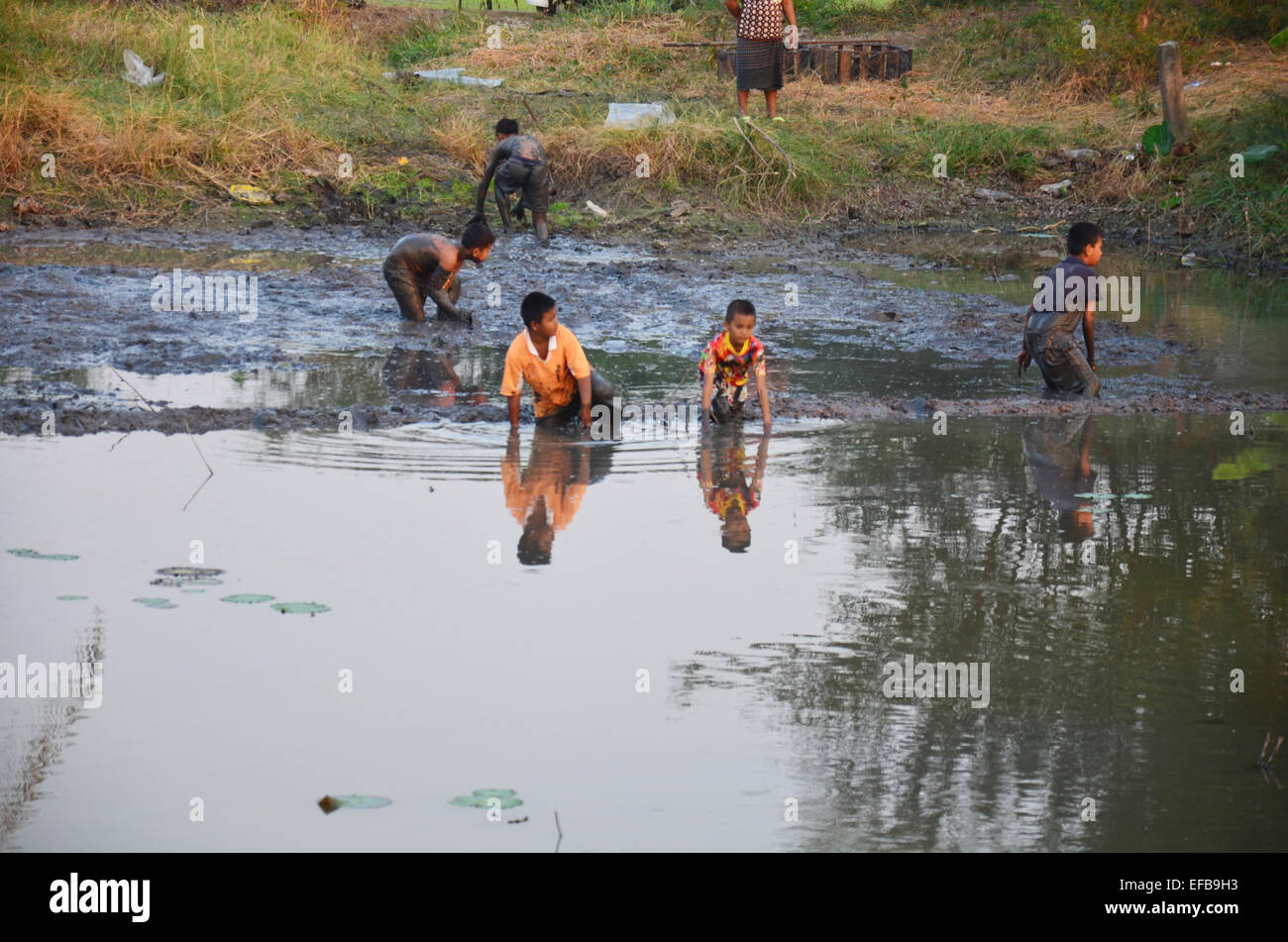 Children catch fish in mud hi-res stock photography and images - Alamy