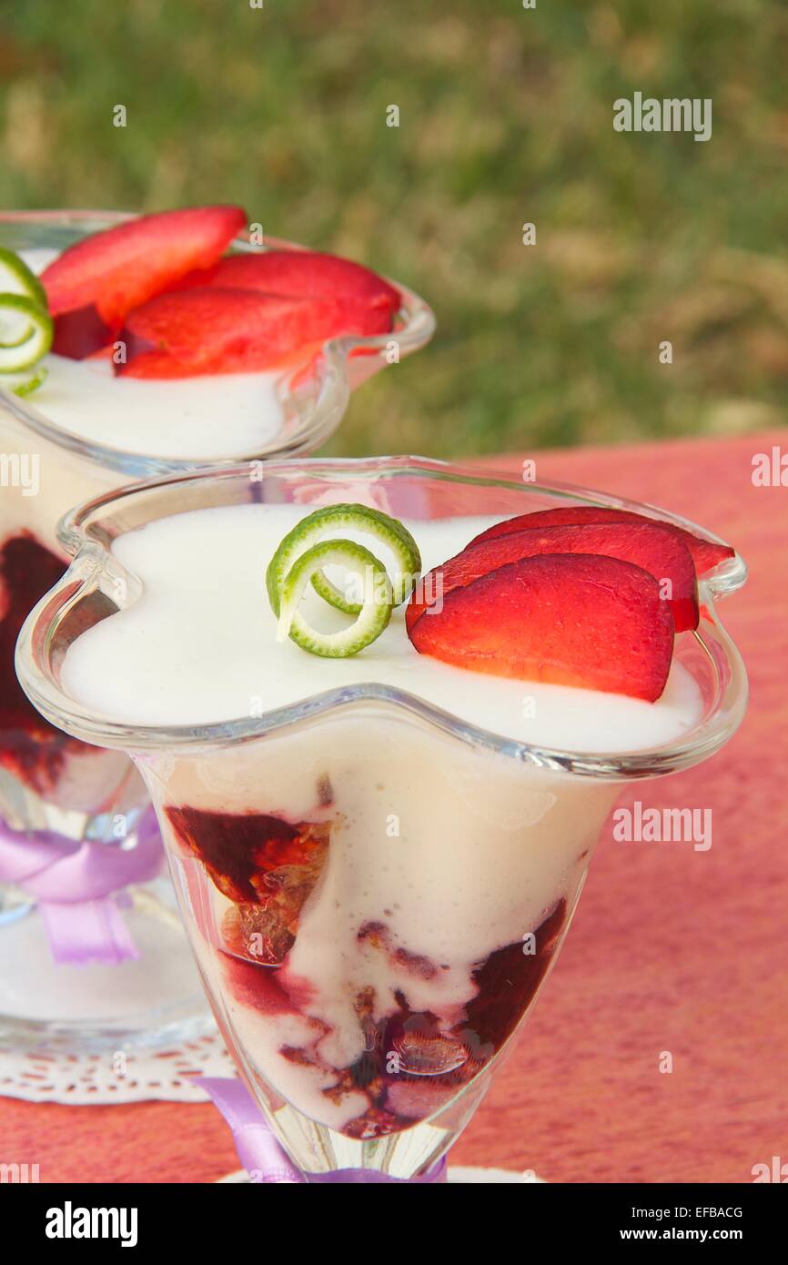 Milk desert - sweet ricotta with violet plums Stock Photo - Alamy