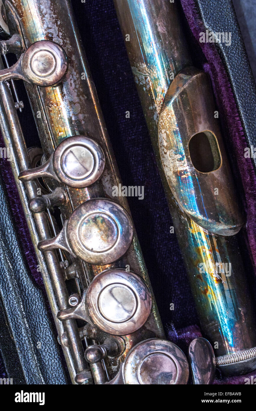 Section of old dirty rusty flute. A musical instrument in woodwind ...