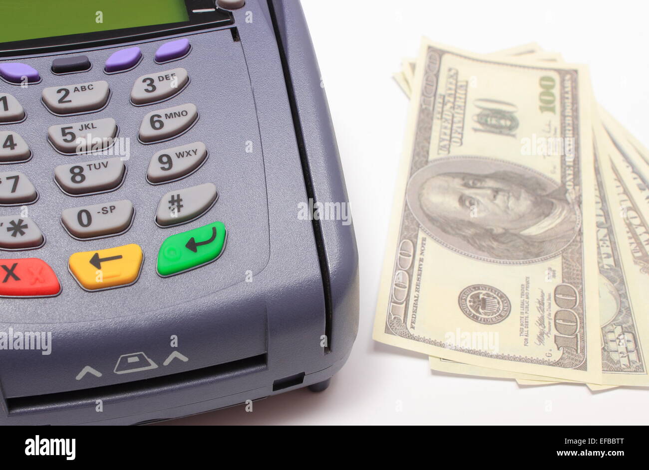 Payment terminal with money on white background, credit card reader ...