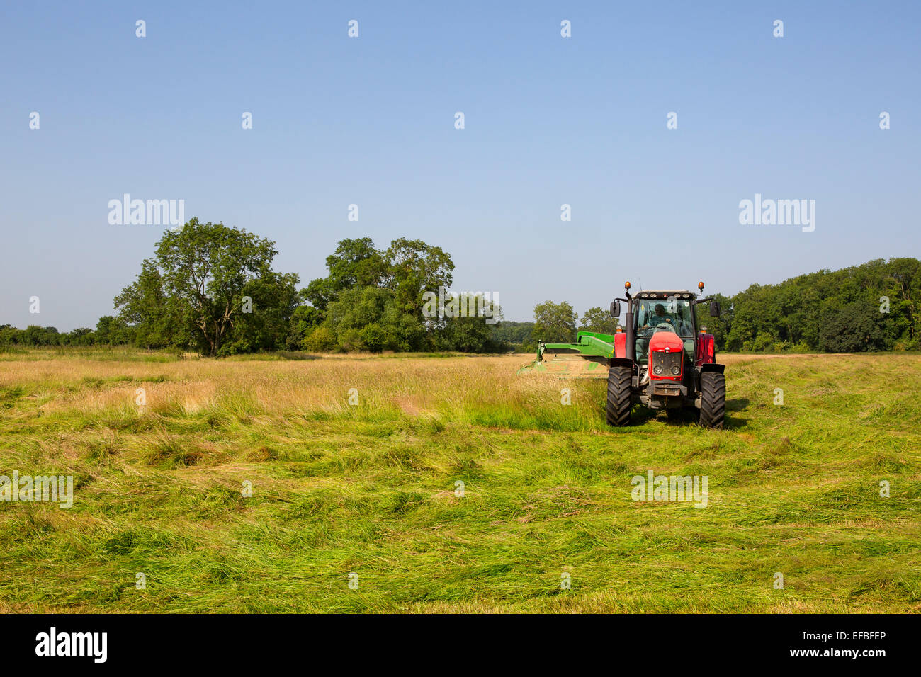 Tractor and hay mower mowing field, Oxfordshire, England Stock Photo ...