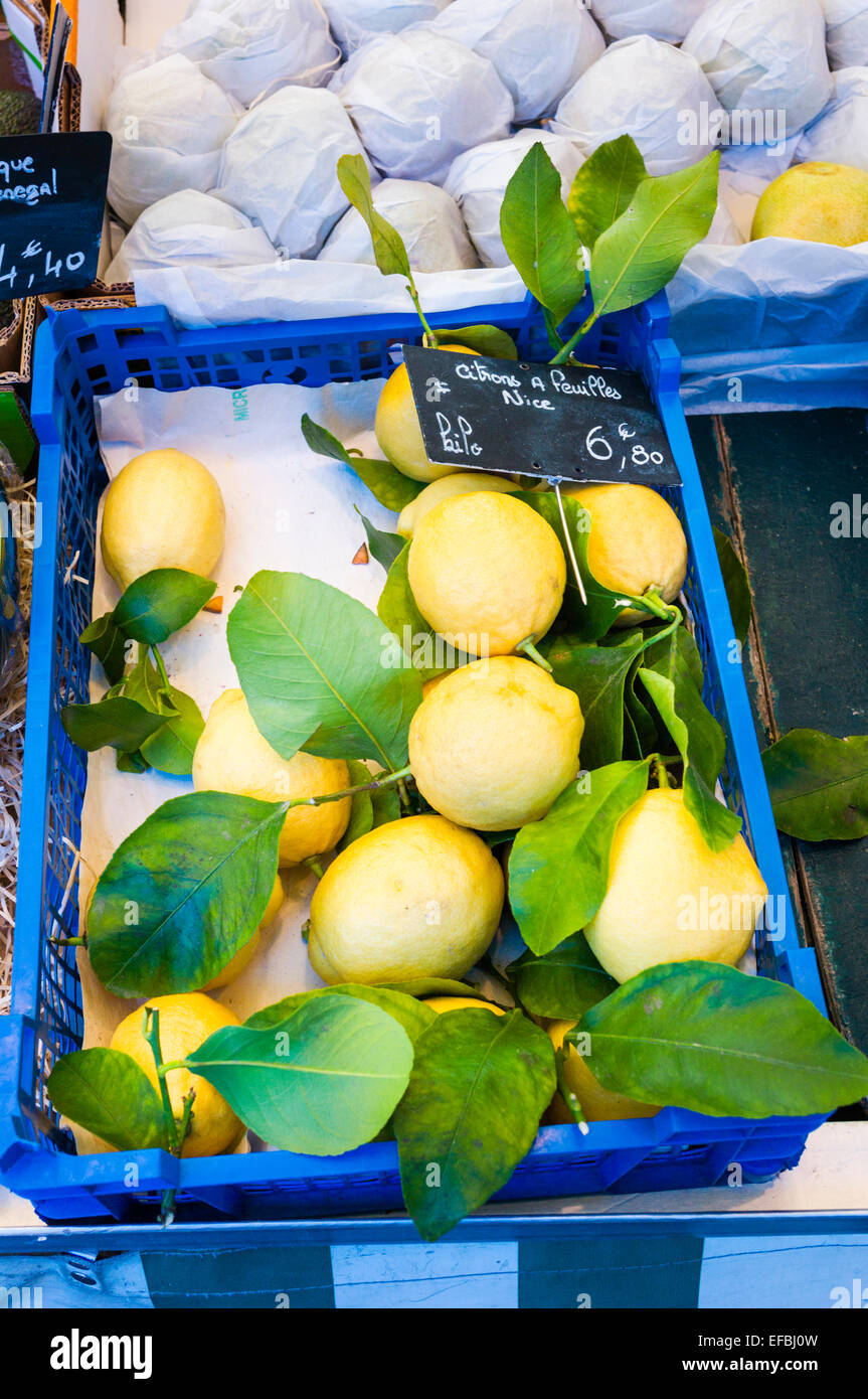 Fresh yellow lemons in blue box in French market in Paris France Stock ...