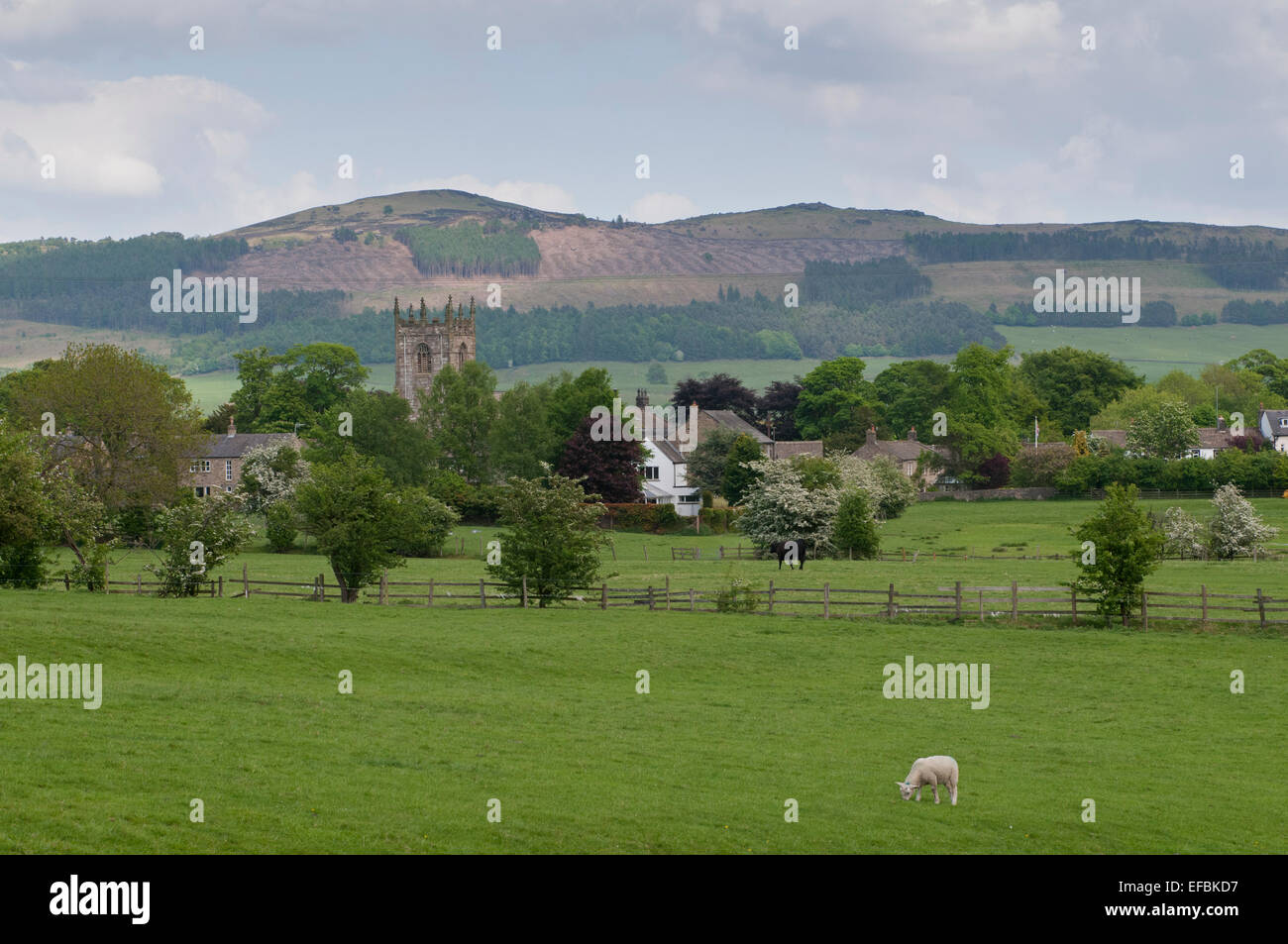 A scenic view across farmland fields towards the church & houses in ...
