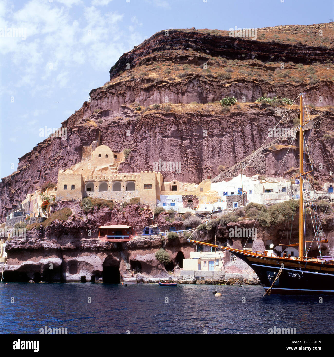 A view of buildings in the cliff side at Athinios on the Greek Island ...