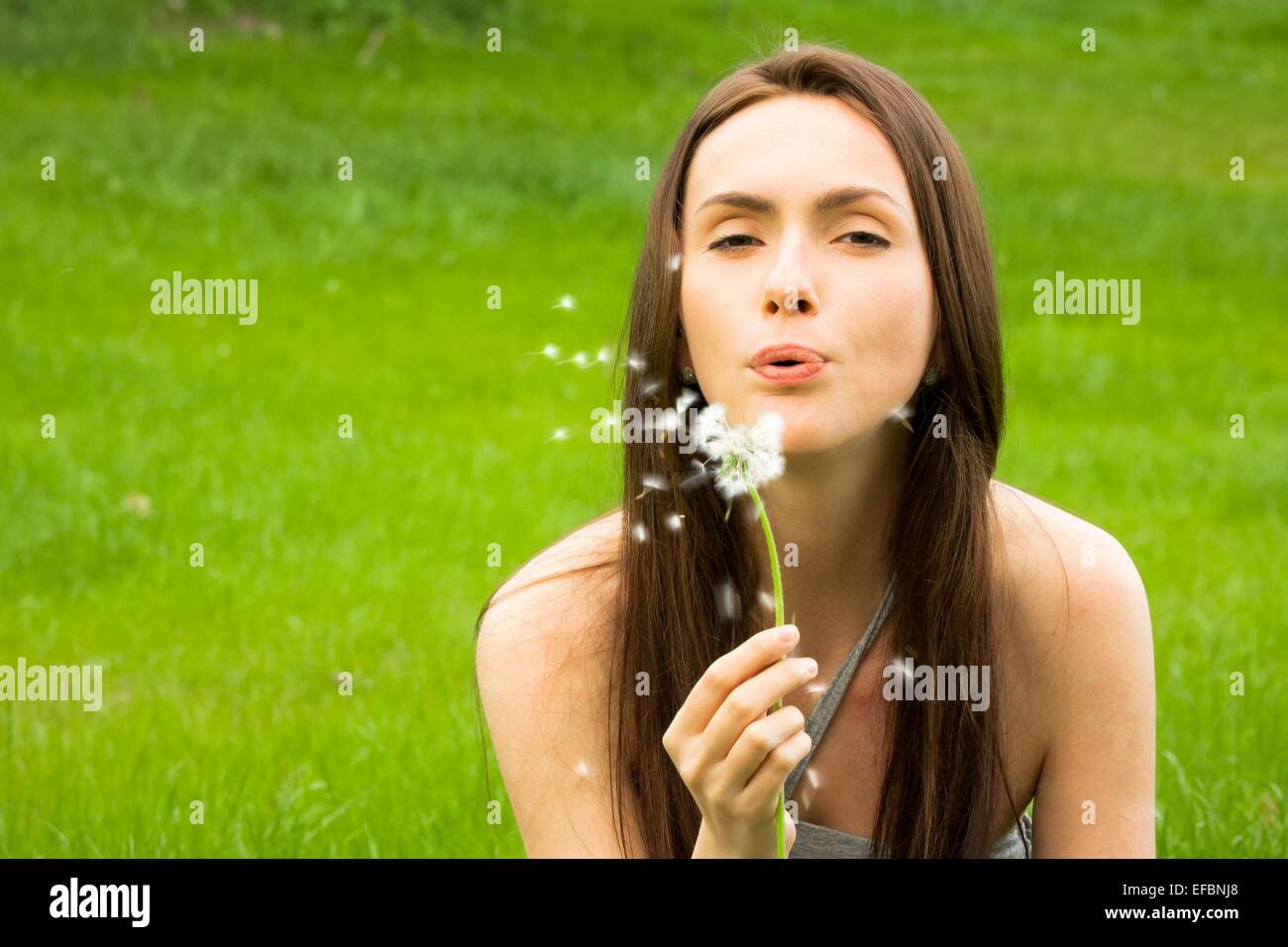 Lady blowing dandelions hi-res stock photography and images - Alamy