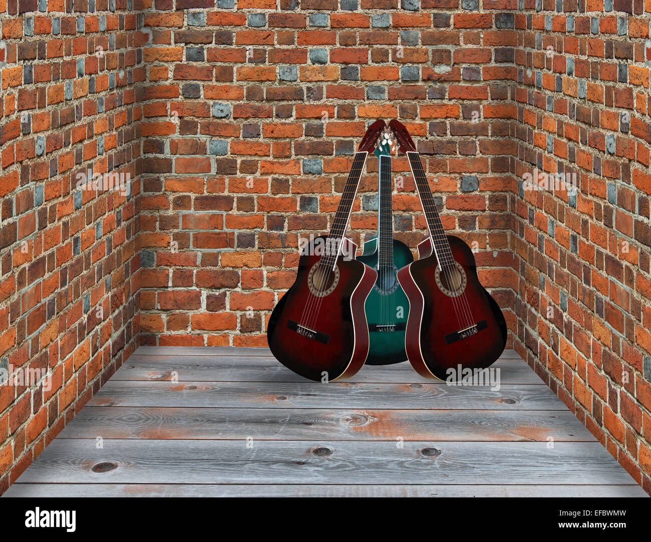 three guitars in the corner of the room with brick walls Stock Photo ...