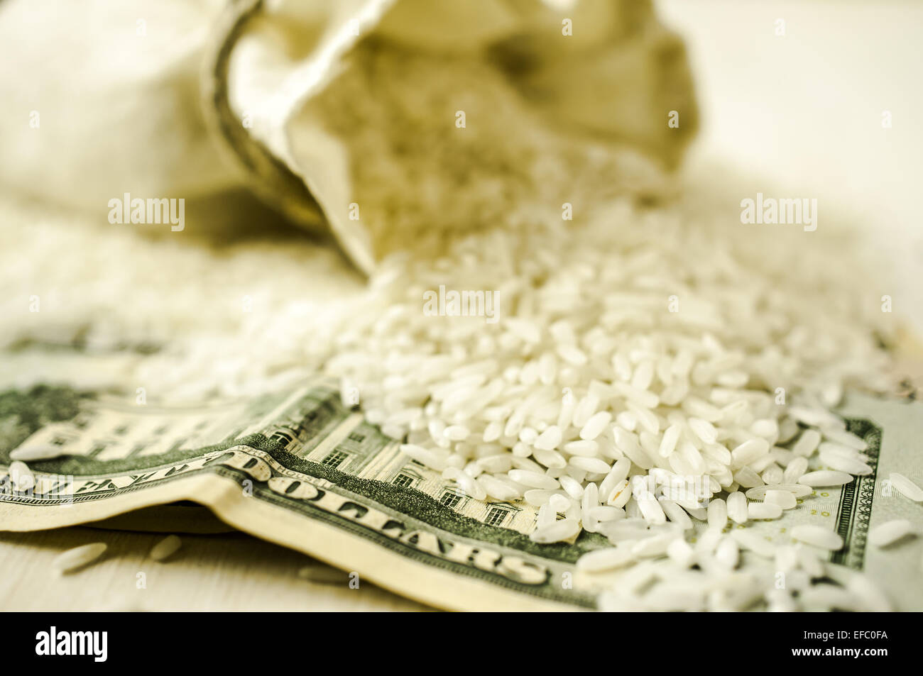Long grain rice and dollars. The concept of price or commodity exchange ...