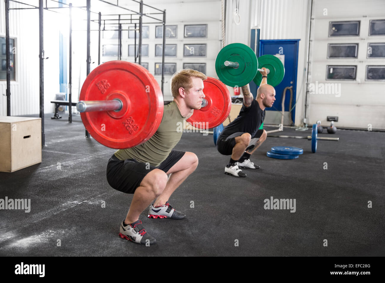 Team trains squats at fitness gym center Stock Photo - Alamy