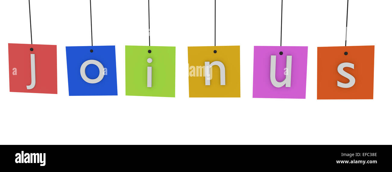 Colorful cards hanging on white background. Join us ! Stock Photo - Alamy
