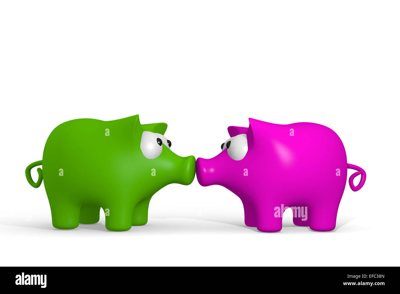 Two piggy bank kissing on a white background Stock Photo - Alamy