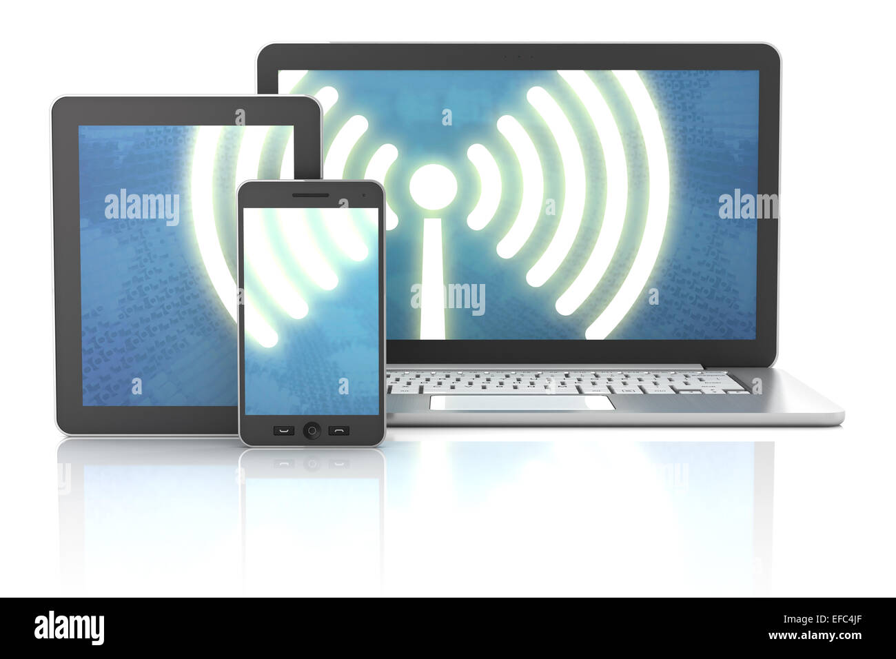 Smartphone, tablet and laptop wireless connection, 3d render Stock ...