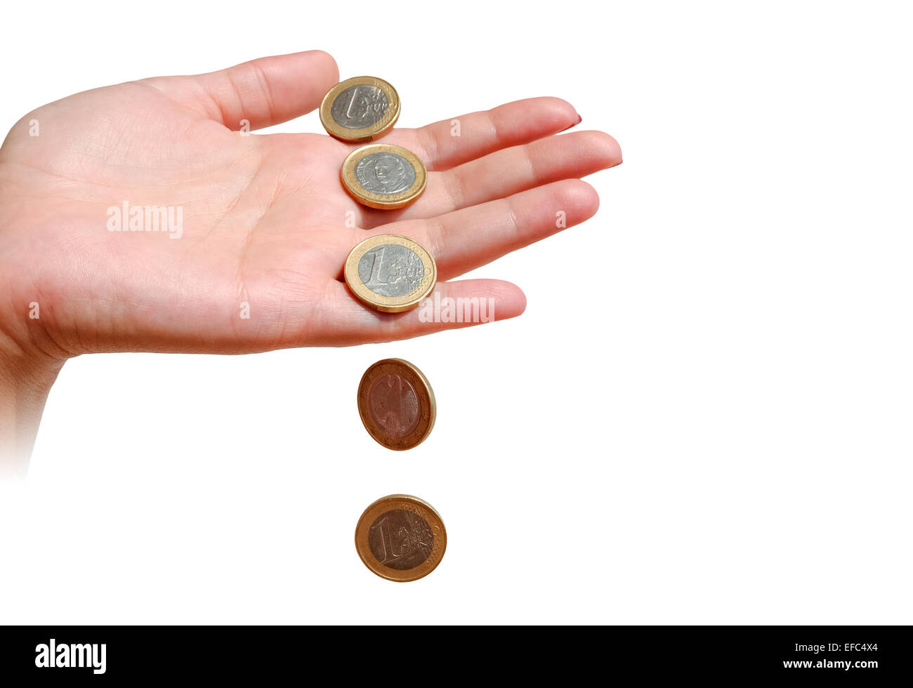 Coins and female hand isolated on white background Stock Photo - Alamy