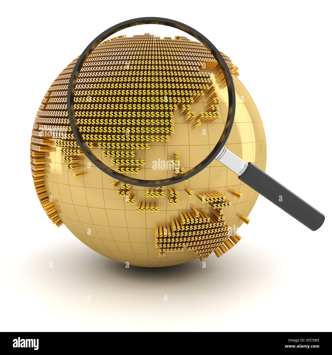 Globe with magnifying glass, economy outlook concept Stock Photo - Alamy