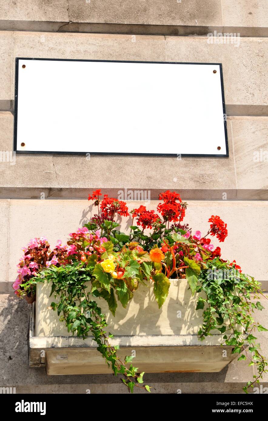 Customizable old street sign with flower pot Stock Photo - Alamy