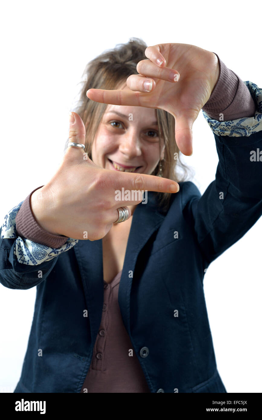 happy business woman showing finger frame Stock Photo - Alamy