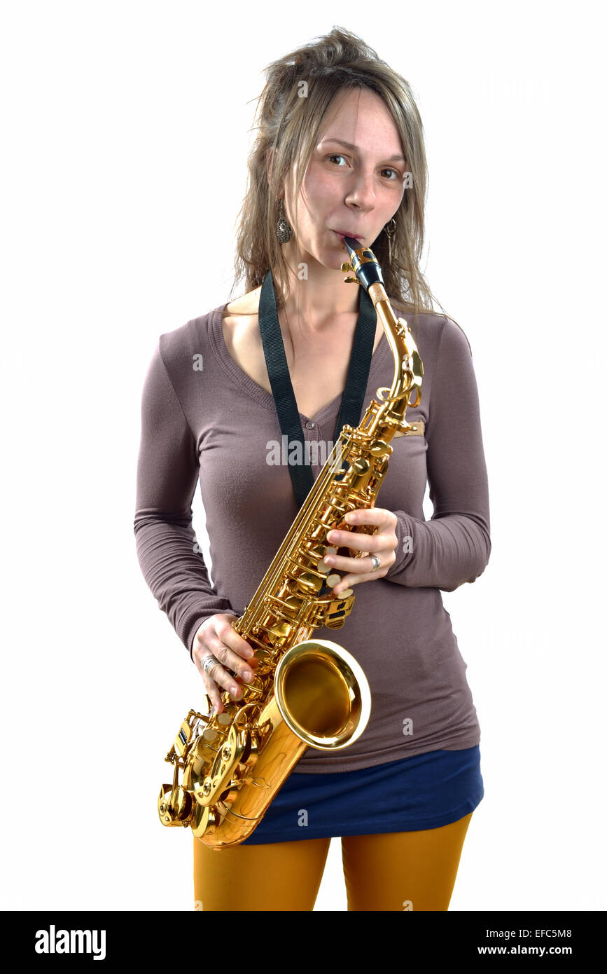 young woman playing the saxophone on white background Stock Photo - Alamy