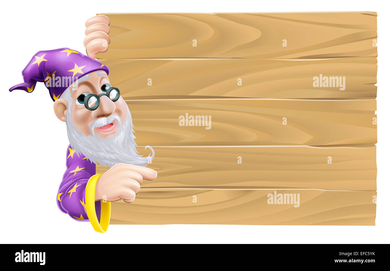 An illustration of a wizard and a blank wooden sign Stock Photo - Alamy