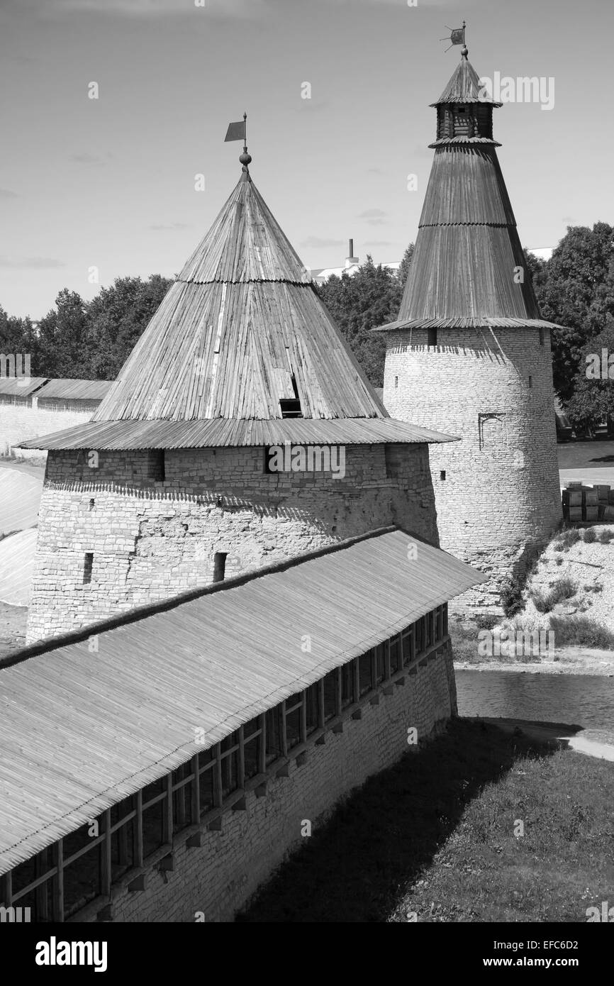 Stone towers of old fortress. Kremlin of Pskov, Russia. Classical ...