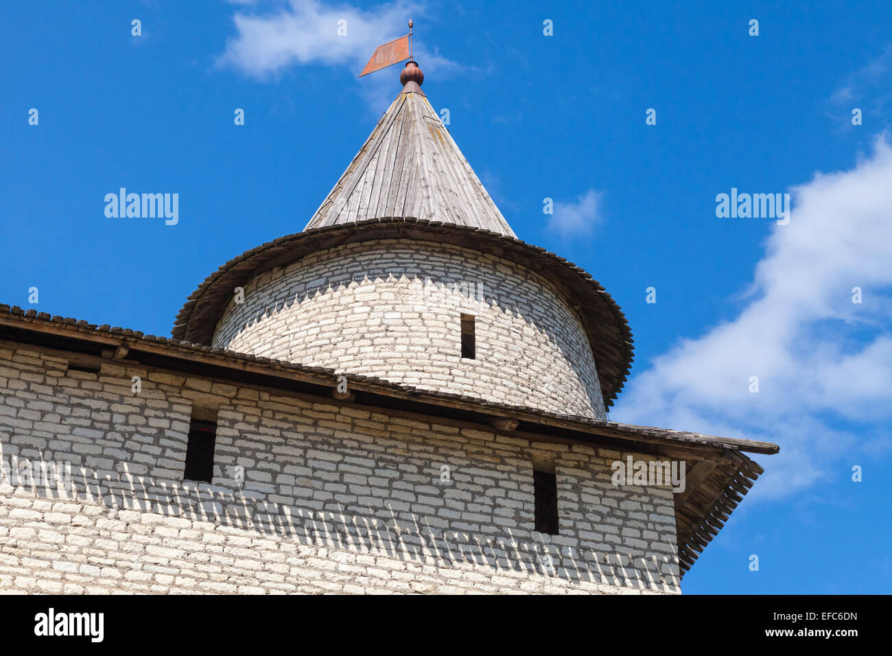 Stone tower of old fortress. Kremlin of Pskov, Russia. Classical ...