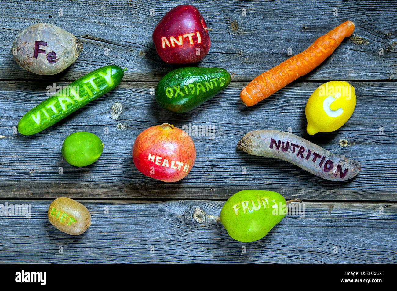Scattered fruits vegetables cut words hi-res stock photography and ...