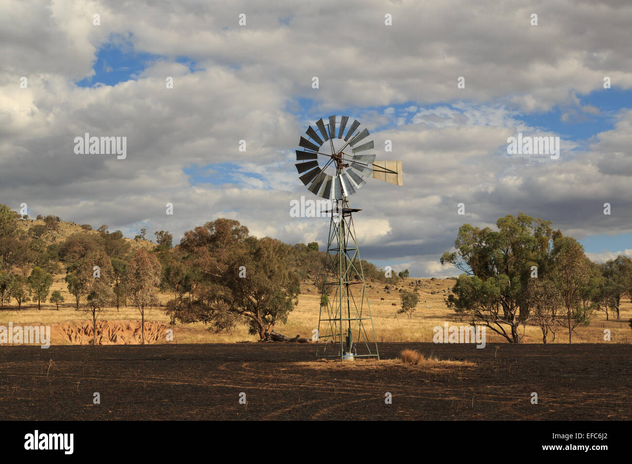 A photograph of a windmill in the aftermath of a bush fire on a dry ...