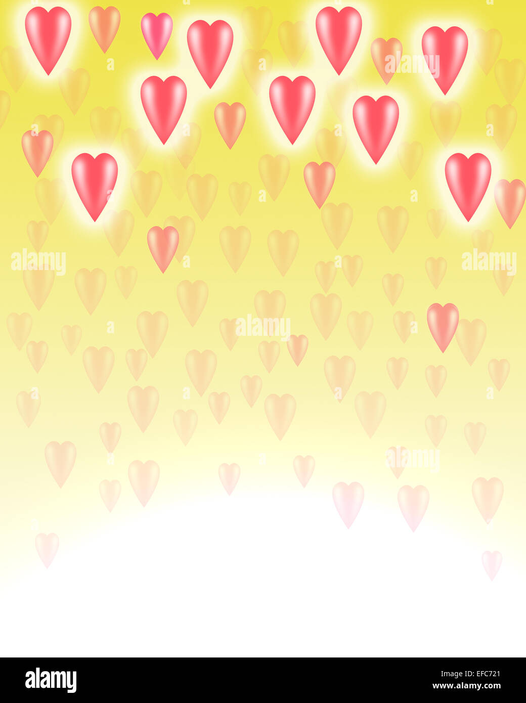 Red heart shapes which appear to be floating against a graduated white ...