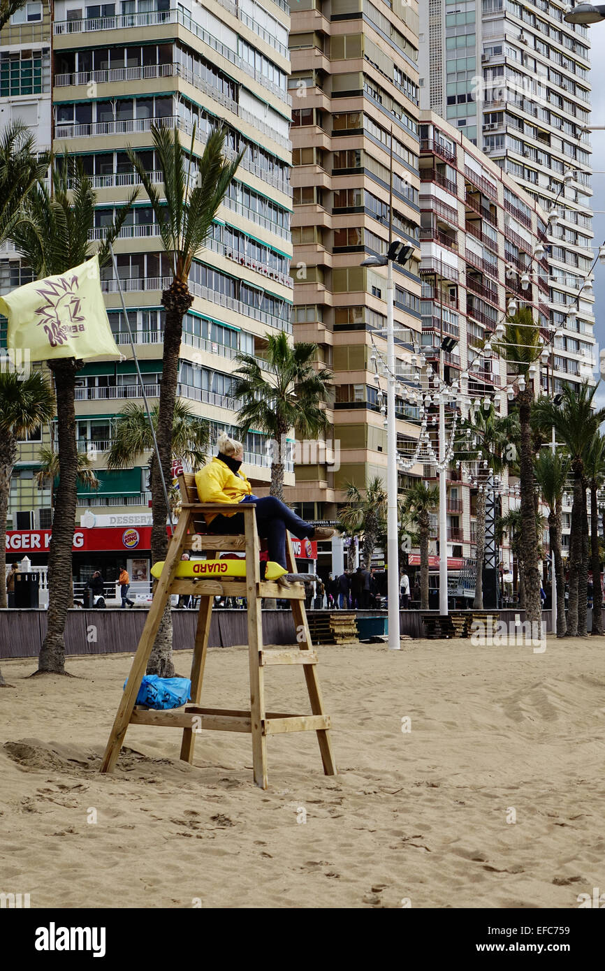 Lifeguard on high chair on beach, Benidorm, Costa Blanca, Spain ...