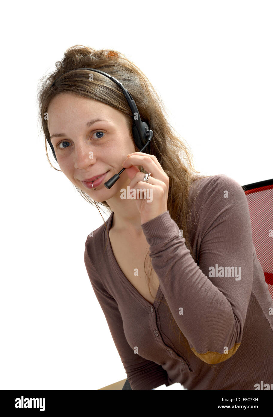 Female customer support operator with headset and smiling Stock Photo - Alamy