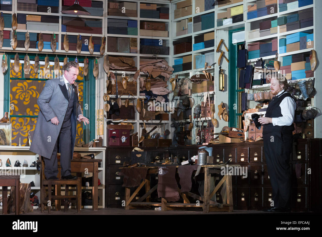 London, UK. 30 January 2015. Andrwe Shore as Sixtus Beckmesser and Iain ...
