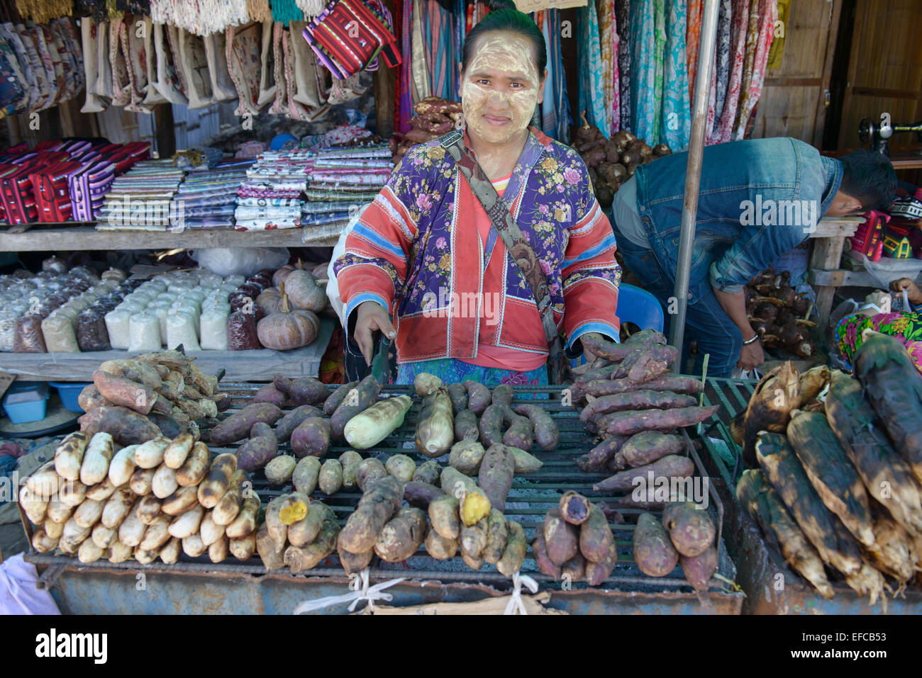 Burmese Karen sweet potato vendor, Mae Hong Son, Thailand Stock Photo ...