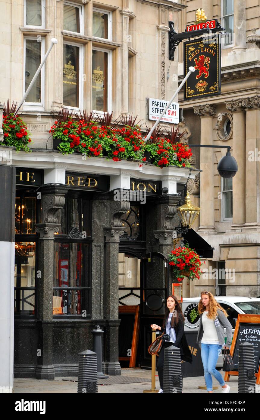 LONDON, UK - JULY 9, 2014: Facade of The Red Lion traditional British ...