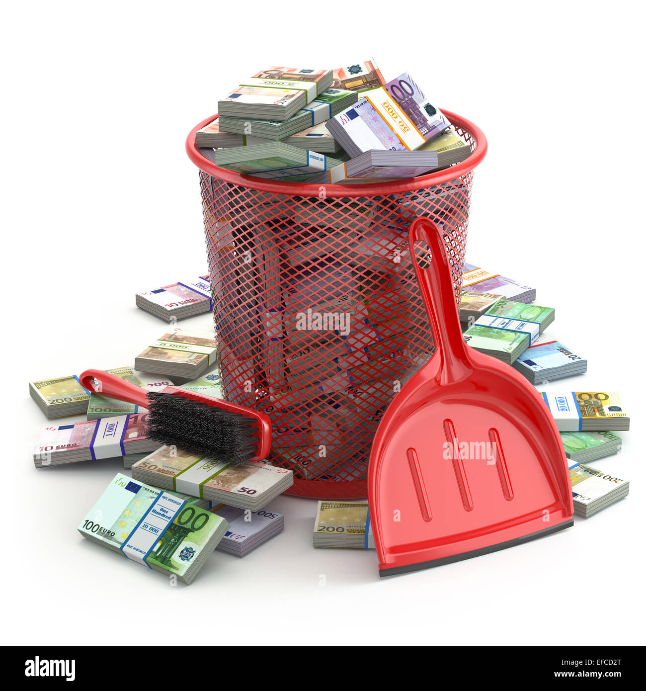 Packs of euro in the garbage can. Waste of money or currency collapse ...