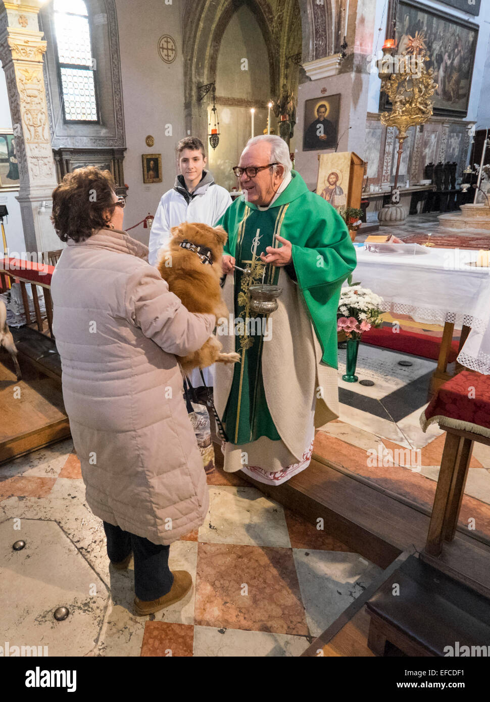 A woman with her dog attends a special service with a blessing animals ...