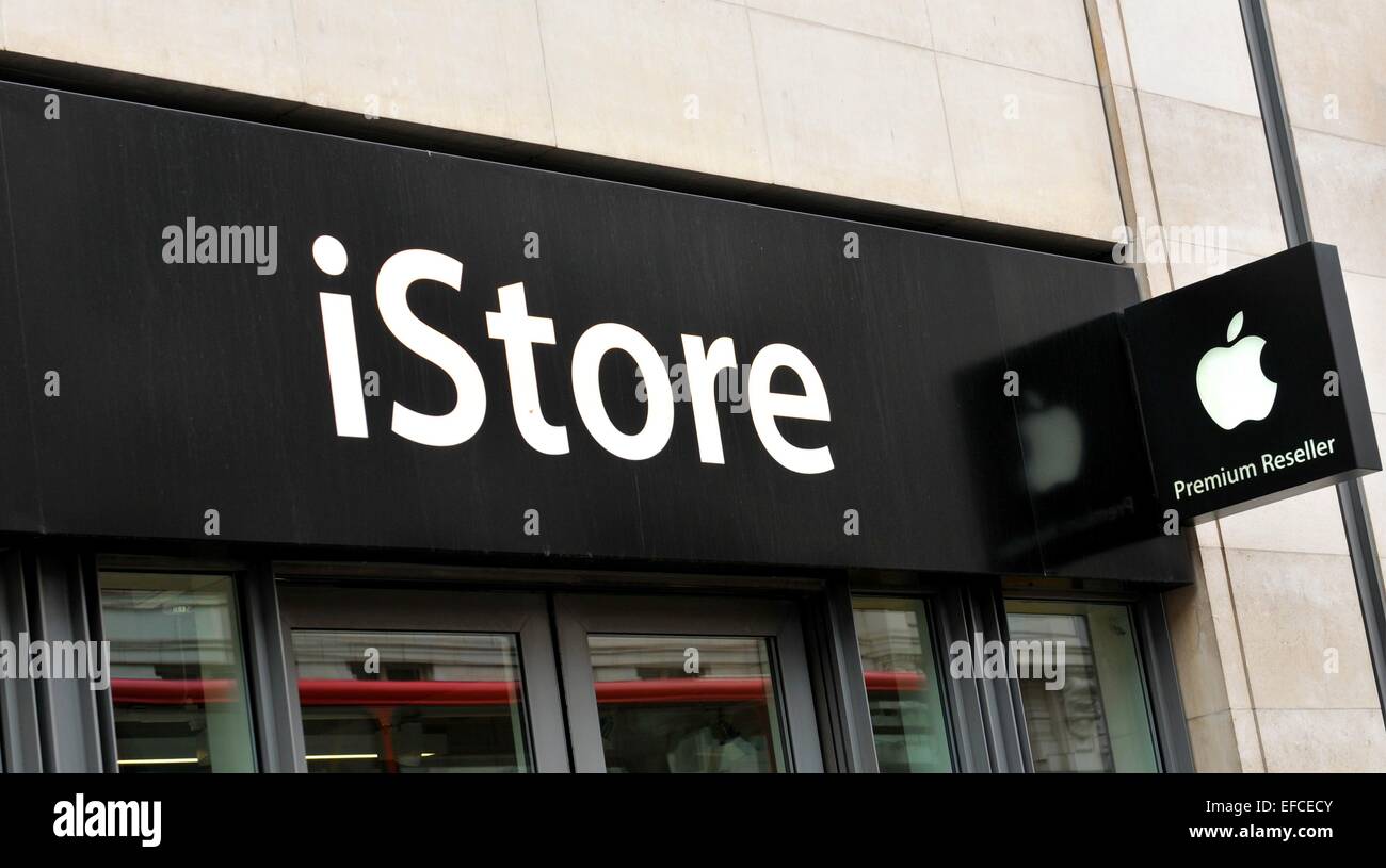 LONDON, UK. JULY 9, 2014: Close up of iStore logo in central London ...