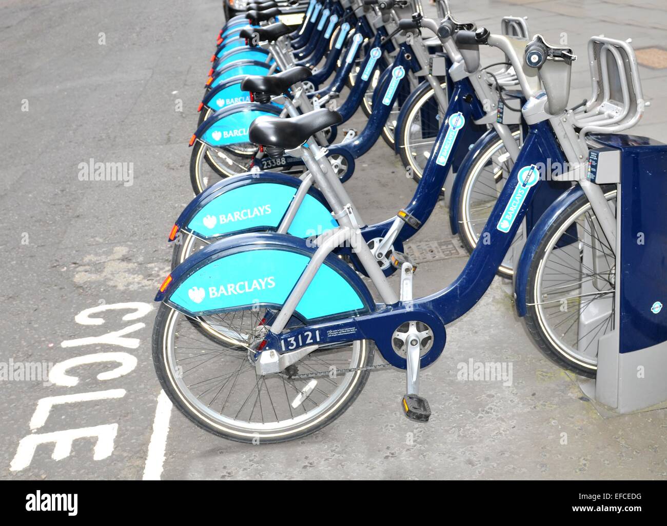 LONDON, UK - JULY 9, 2014: Barclays bikes parked in central London ...