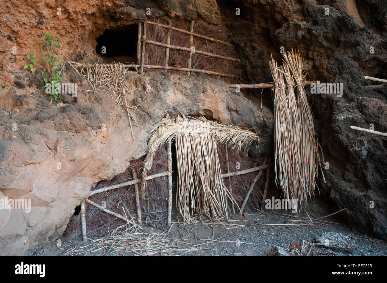 Stone age flat in the Buracas caves on La Palma.Indigenous lived there ...