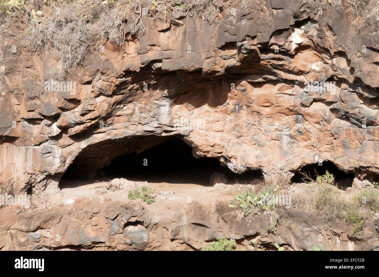 Stone age flat in the Buracas caves on La Palma.Indigenous lived there ...