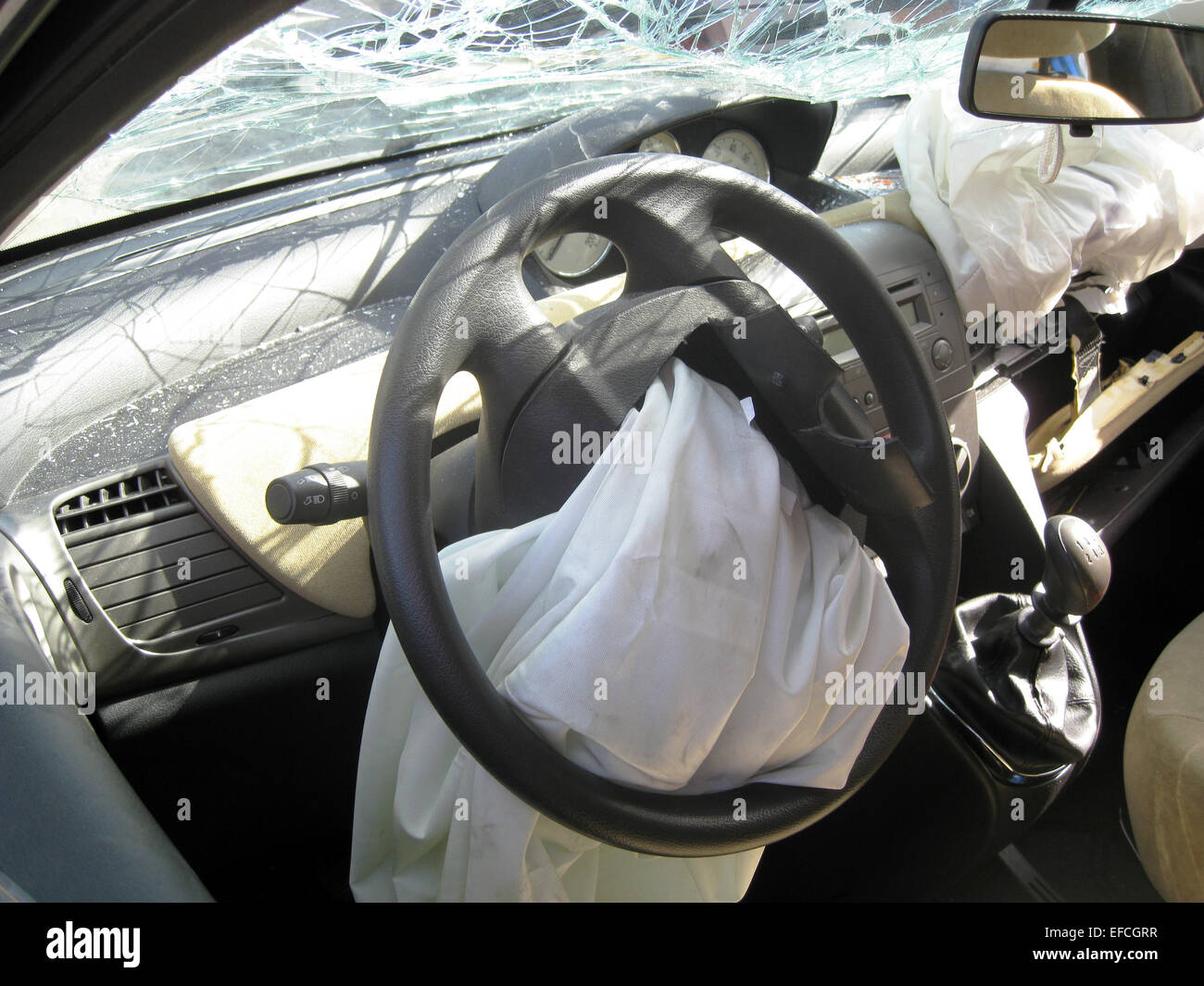 car internal drive crashed with broken windshield, rear-view mirror ...