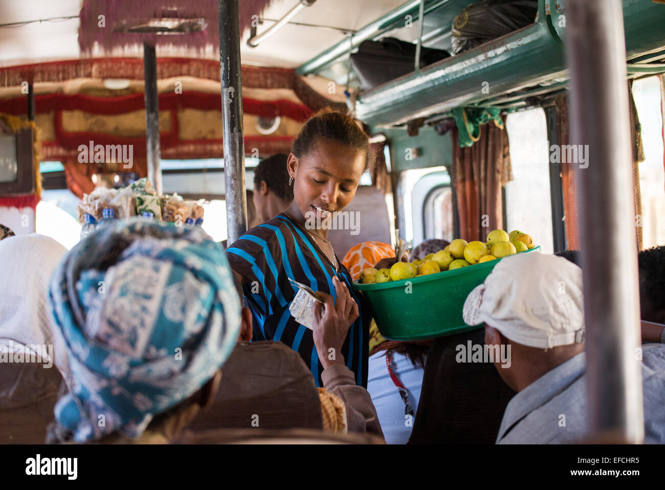 interior of the bus with seller near Aksum or Axum, Ethiopia, Africa ...