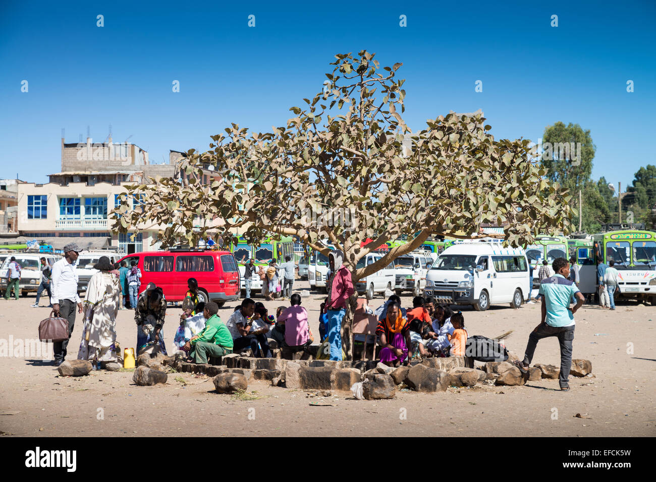 Local people waiting on the bus, bus station in Axum, Ethiopia, Africa ...
