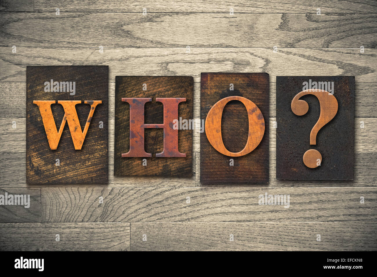 The word "WHO?" written in vintage wooden letterpress type Stock Photo ...