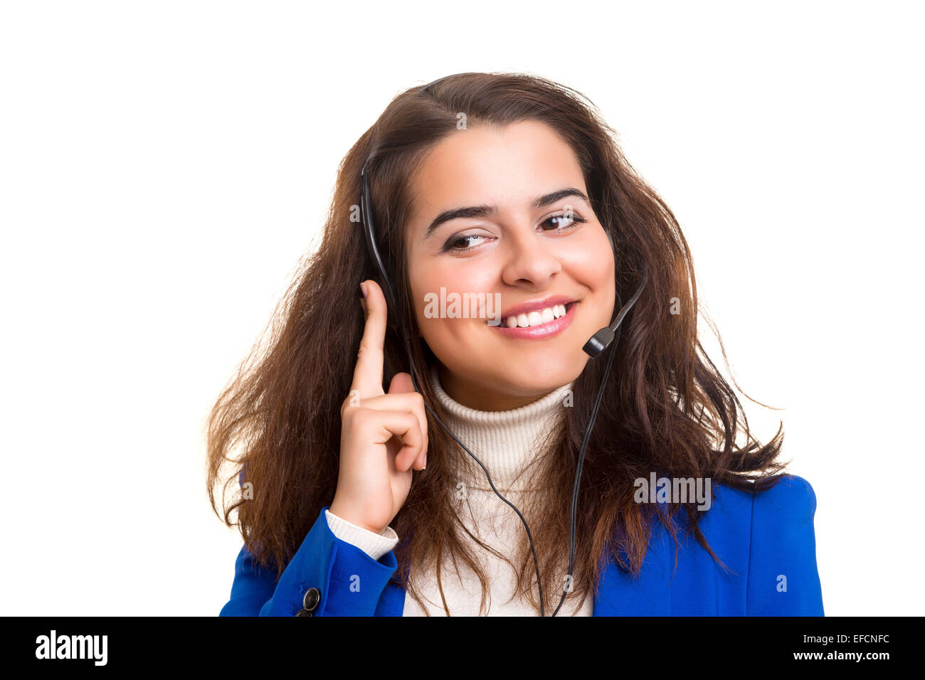A friendly telephone operator smiling isolated over a white background ...