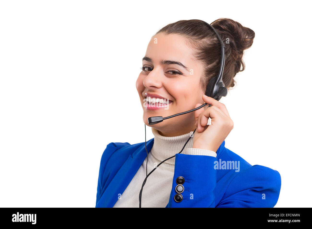 A friendly telephone operator smiling isolated over a white background ...