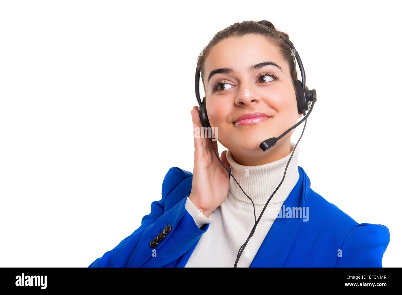 A friendly telephone operator smiling isolated over a white background ...